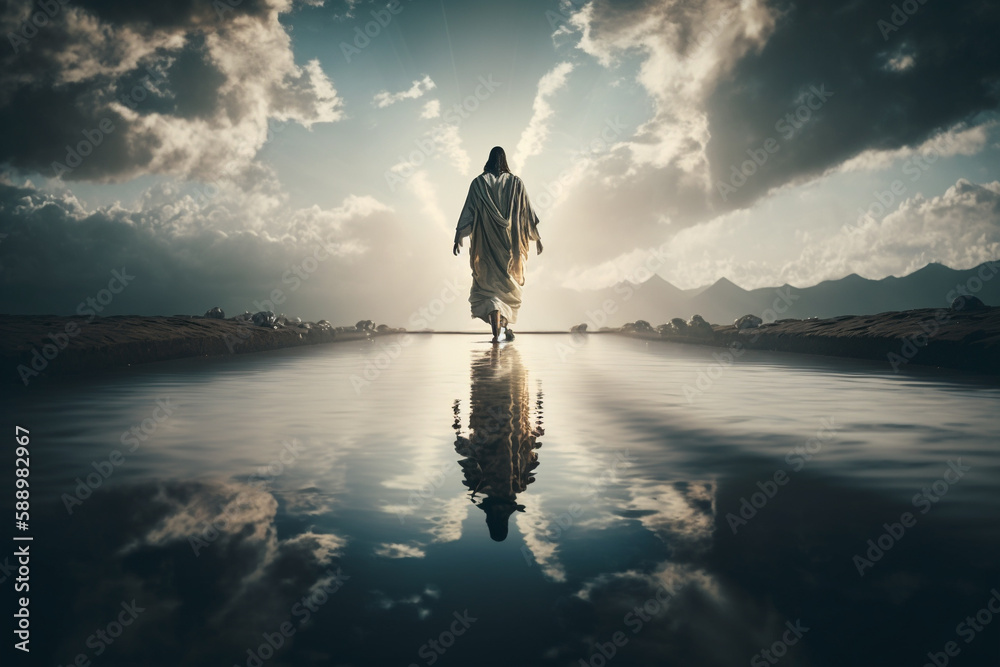 Jesus Christ walks on water. Religious concept . Bible. Faith. Drawing ...