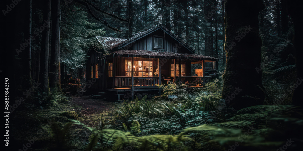 Solitude in the Forest: Forest cabin in the dark woods at night ...