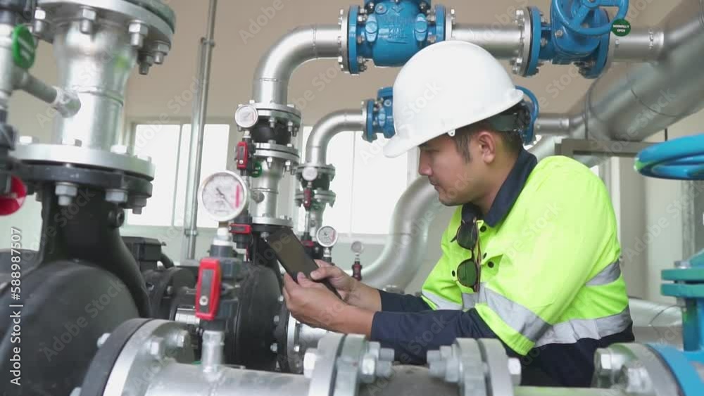 A engineering at inspects water pump valves equipment in a substation ...