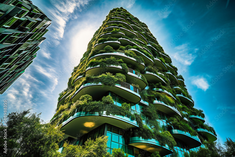 Low-angle shot spiraling upward, highlighting the intertwined building ...