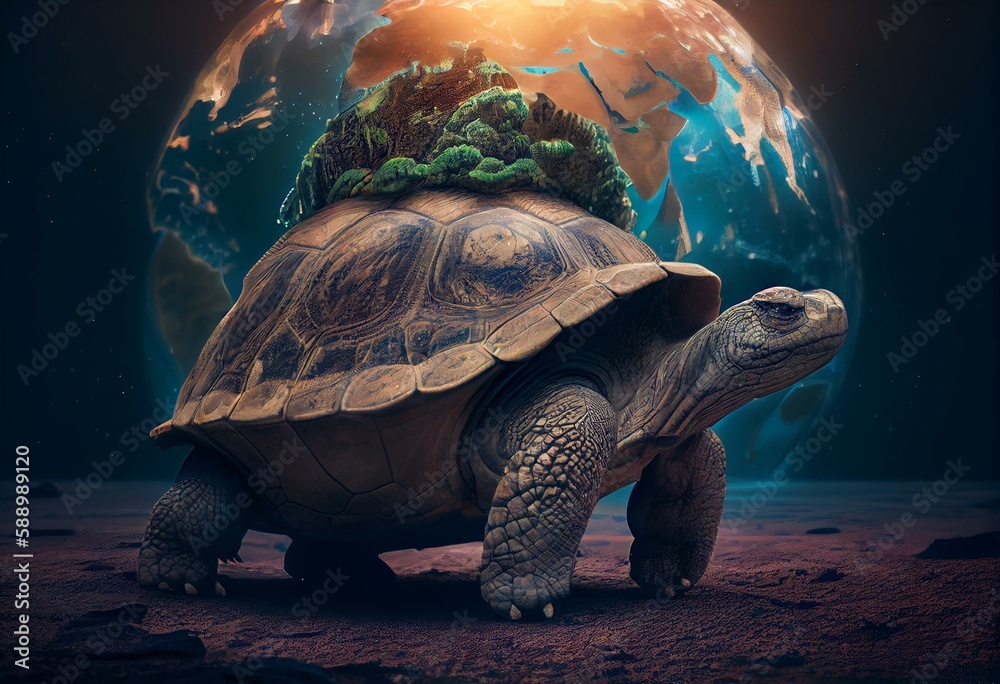 World Turtle ancient myth concept with giant tortoise supporting planet ...
