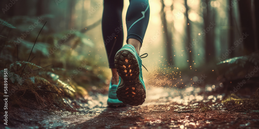 Lady trail runner walking on forest path with close up of trail running ...
