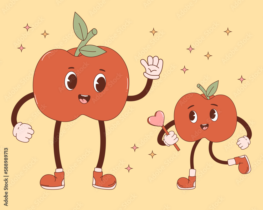 Happy retro character apple mom with baby. Groovy fruits. Nostalgic ...