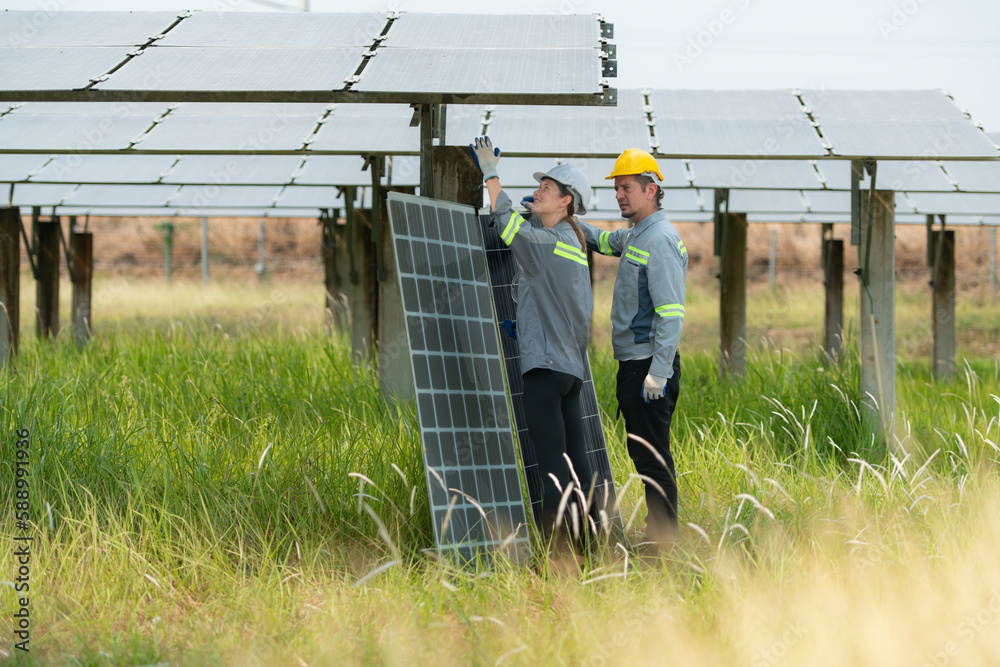 Team of engineers and technicians Must repair the solar panels ...