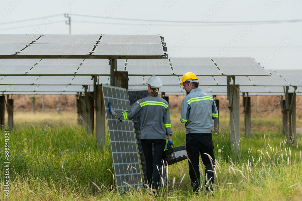 Team of engineers and technicians Must repair the solar panels ...