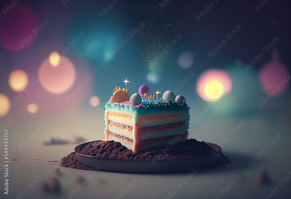Birthday cake floating in pastel dreamland captured with a tilt-shift ...