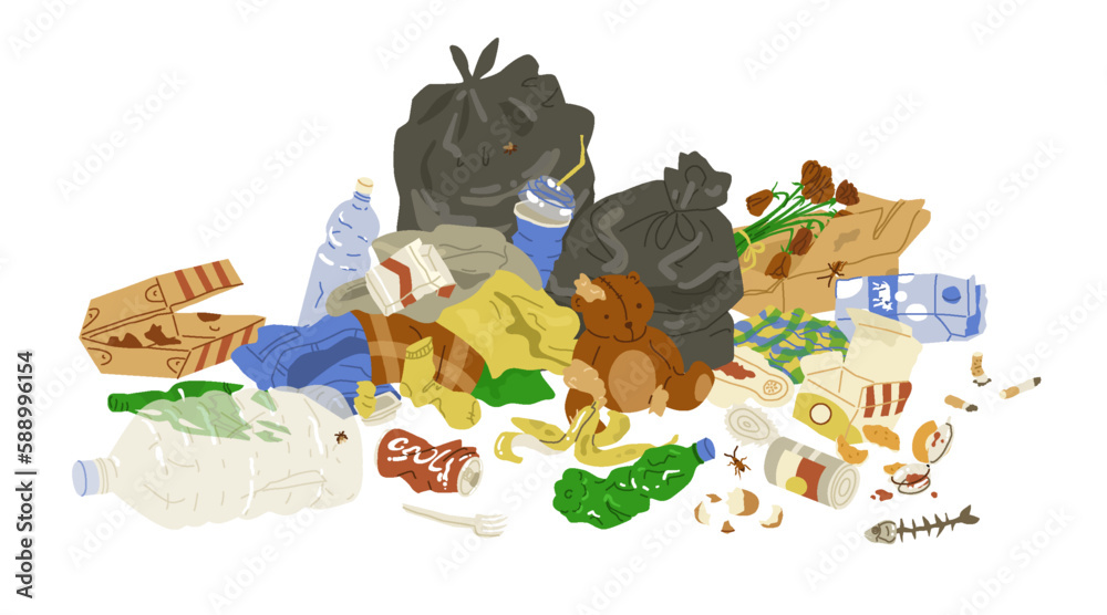 Composition with a full trash can and a pile of garbage, discarded ...