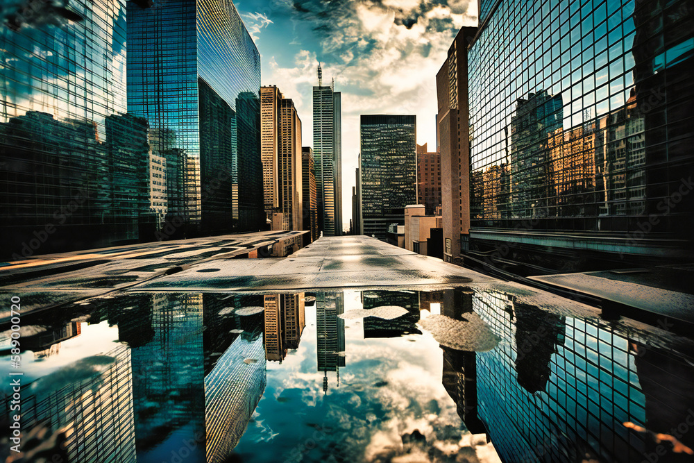 Show the interaction of reflective skyscrapers and the sky, with a ...