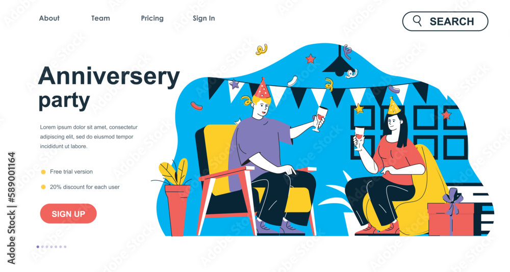 Anniversary party concept for landing page template. Man and woman ...