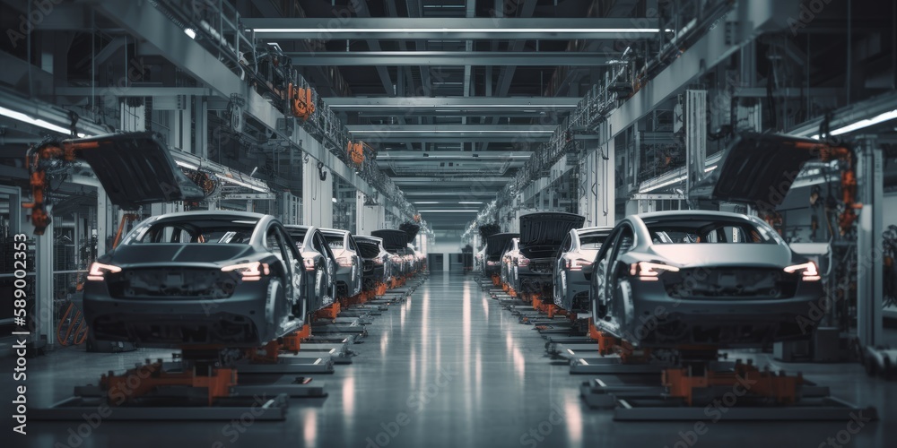 An electric vehicle assembly line showcasing advanced robotics and ...