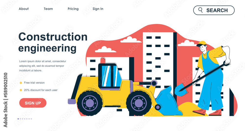 Construction engineering concept for landing page template. Builder with shovel working with ...