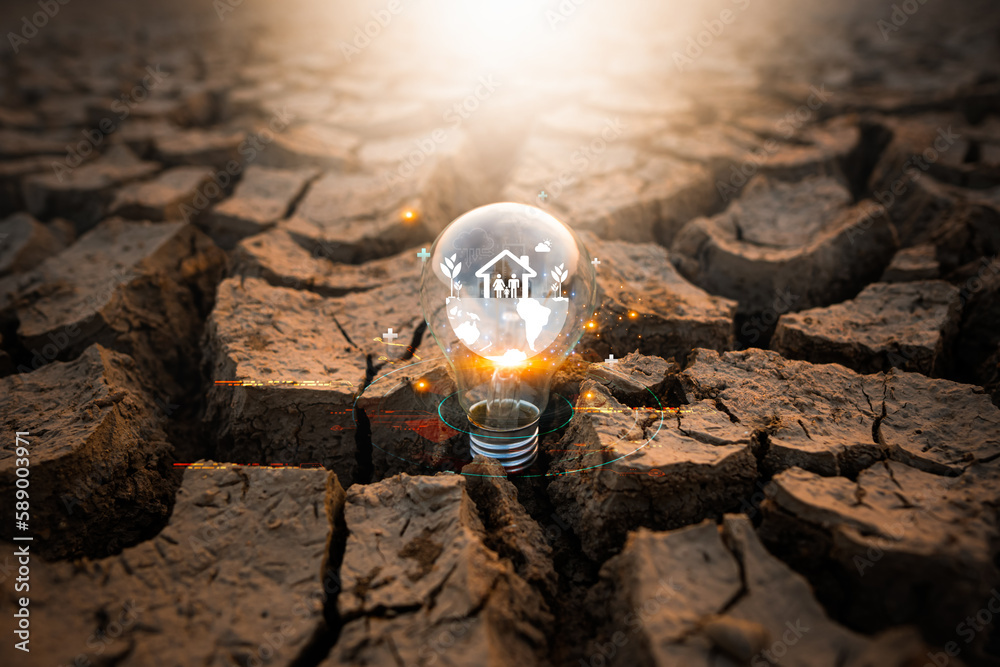 Light bulb with world and people icon protecting environment from water ...