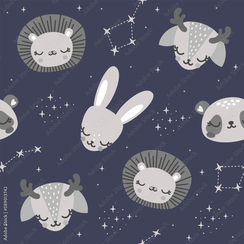 Seamless vector pattern. Cute sleeping animal faces. Lion cub, panda ...