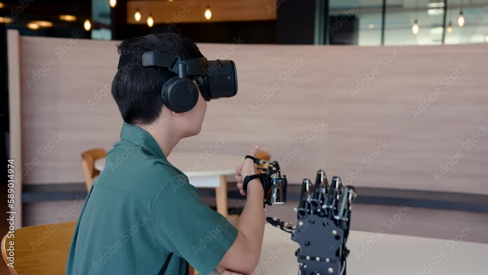 4K, Asian boy wearing 3D ride on head covers eyes, look at be realistic ...