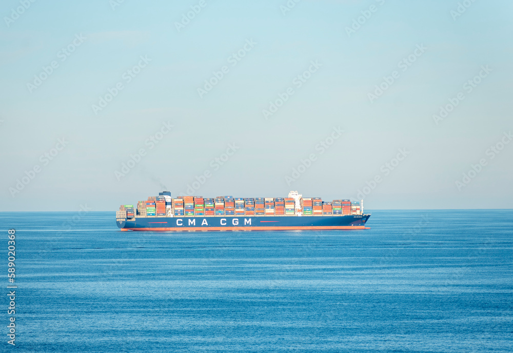 Caribbean Sea - fully loaded container ship owned by "CMA CGM" sailing ...