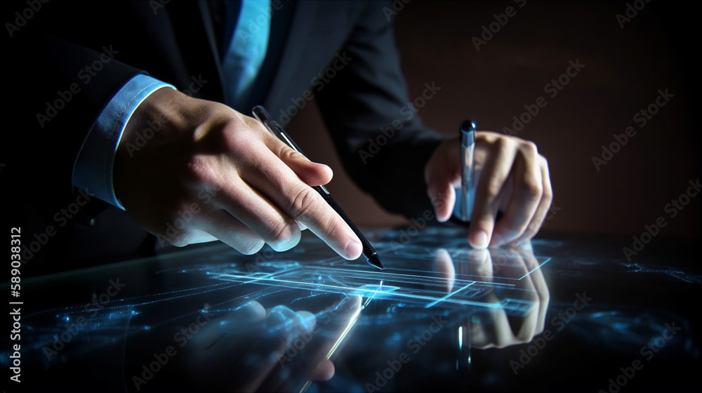 Technology abstract background with person hand touching complex ...