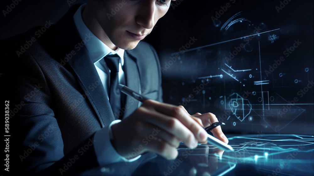 Technology abstract background with person hand touching complex ...