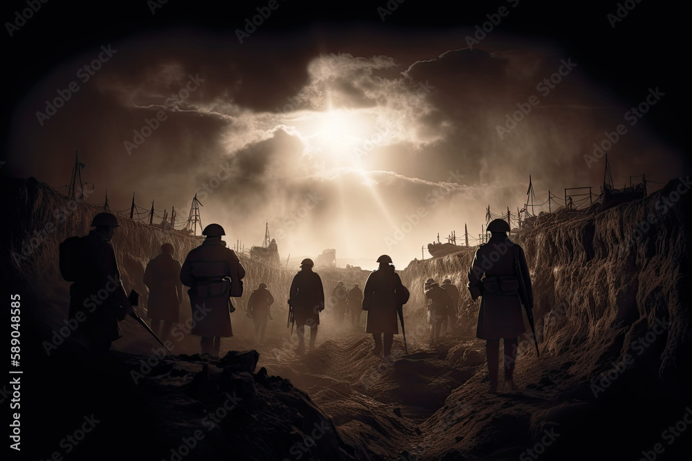 World War 1 trench warfare with silhouettes of soldiers among smoke and ...