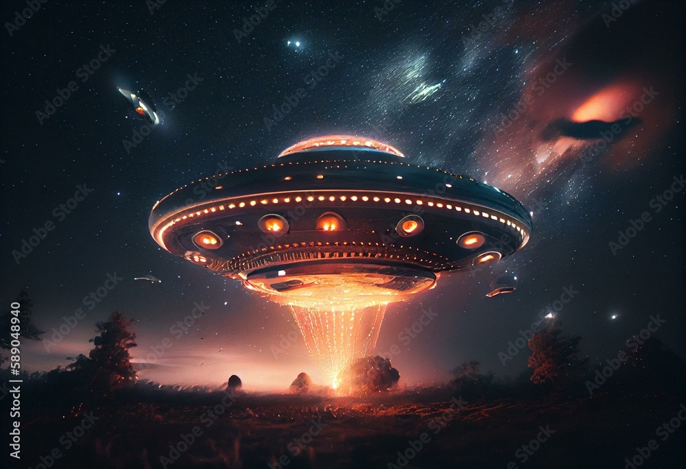 Flying saucer flies at night in sky. Invasion of extraterrestrial ...