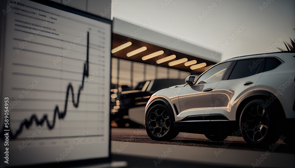 Stock chart with a strong rising and falling line with car at the ...