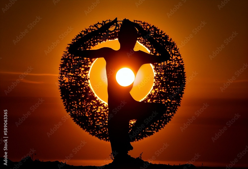 yoga position silhouette in contrasting sun, Solar Plexus chakra ...