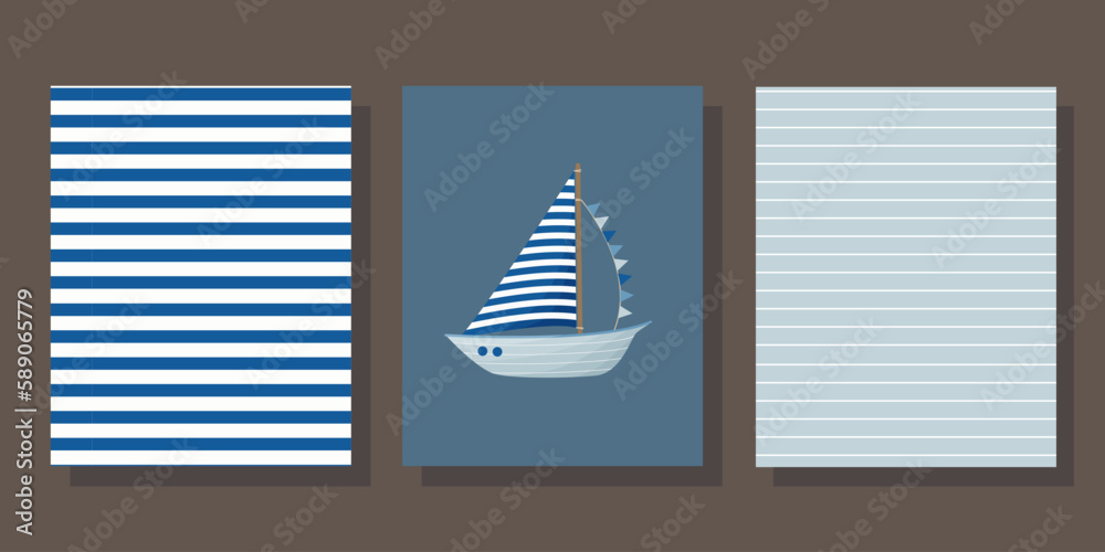 Set of postcards and seamless patterns in nautical style. Marine theme ...