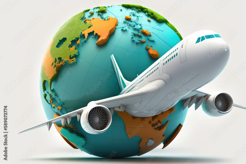 Aircraft flying around globe Earth planet on white background. Flight ...