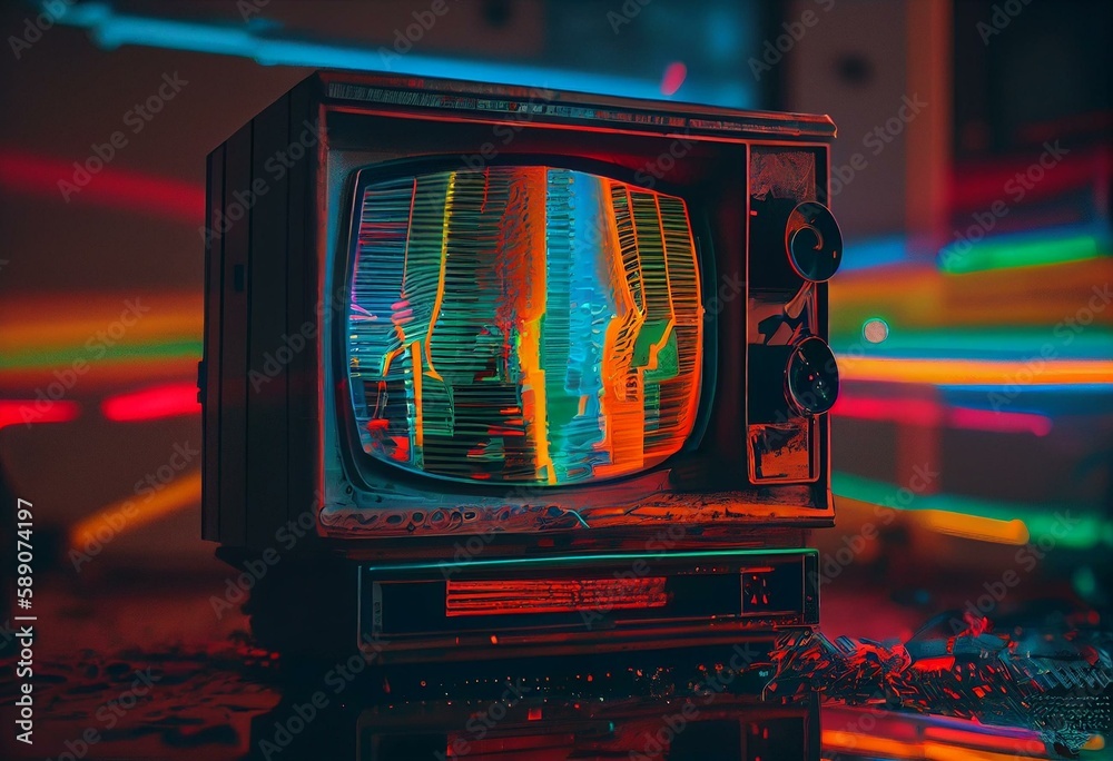futuristic holographic neon colors with screen glitch VHS effect. TV ...