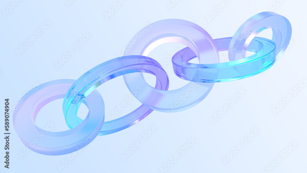 Glass chain of iridescent links 3d render. Border with connected ...