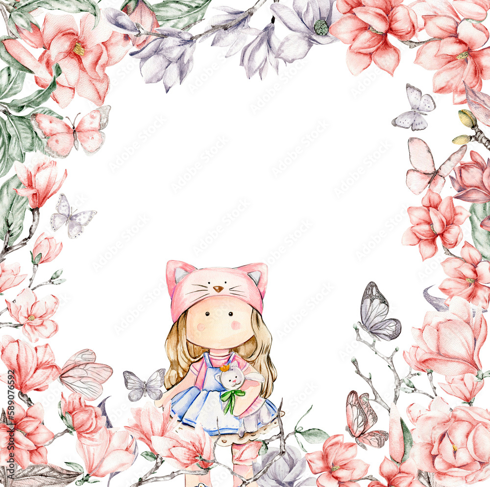 Watercolor square flower frame in cartoon style with a cute girl doll ...