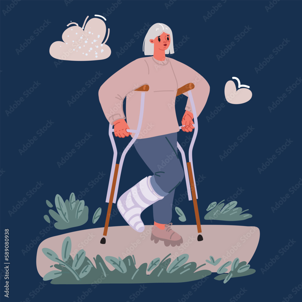 Cartoon vector illustration of Injured woman on crutches. Female ...