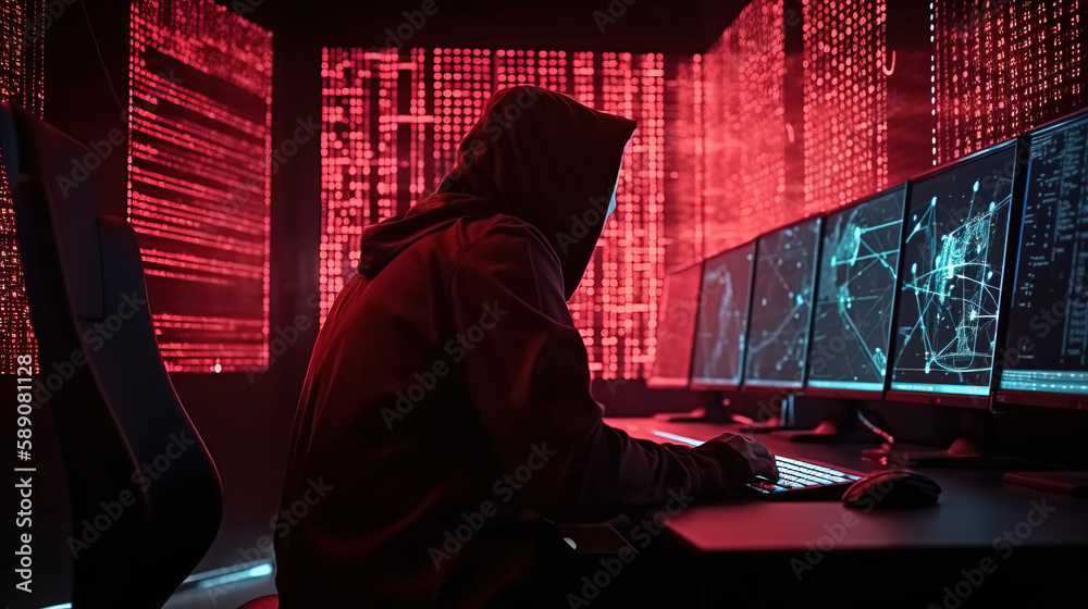 Hacker in a hoodie, back view, under dark lighting. Abstract background ...