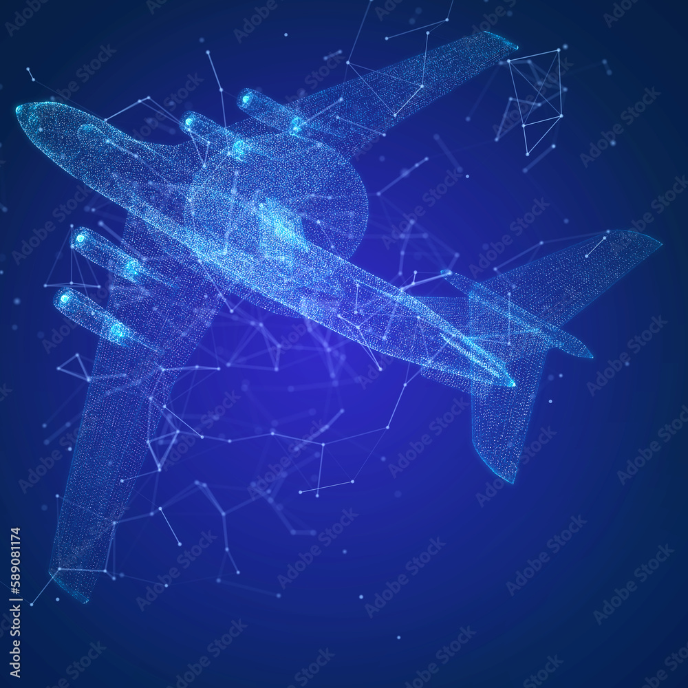 Military force air flying radar AWACS jet airplane. Glowing neon ...