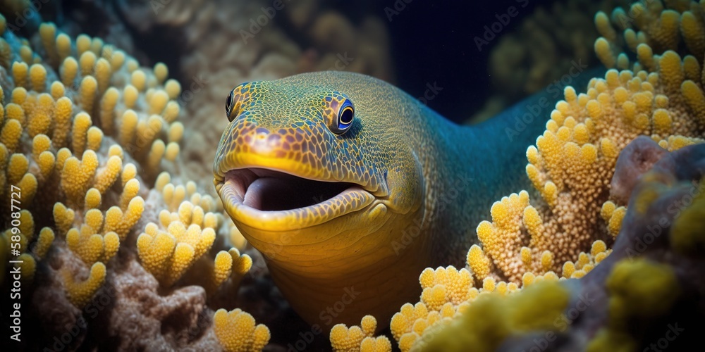 Gorgeous large moray eel swimming between vibrant coral reefs in the ...