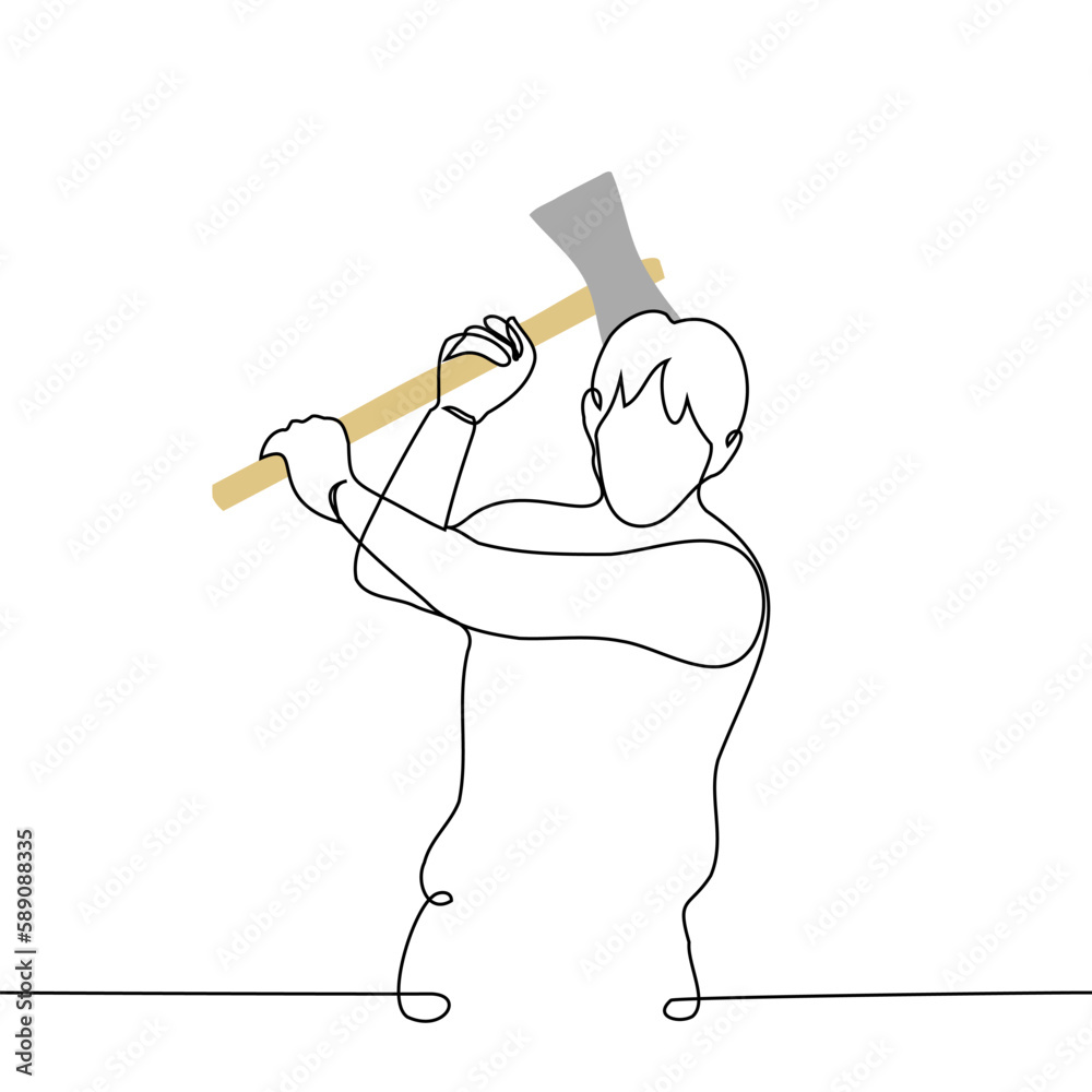 man stands with an ax raised to strike - one line drawing vector. the ...