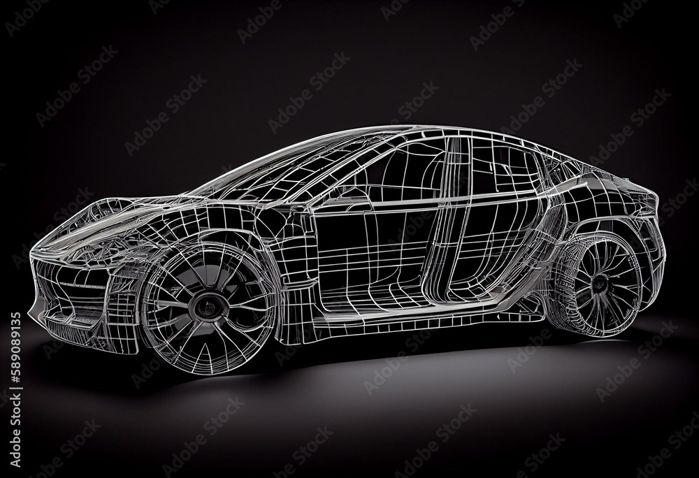Autonomous electric car and wireframe rendering of the car body on ...