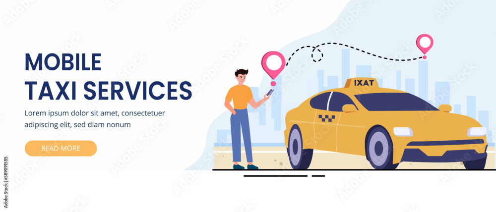Customer booking a cab on smartphone, can use for web design, landing ...