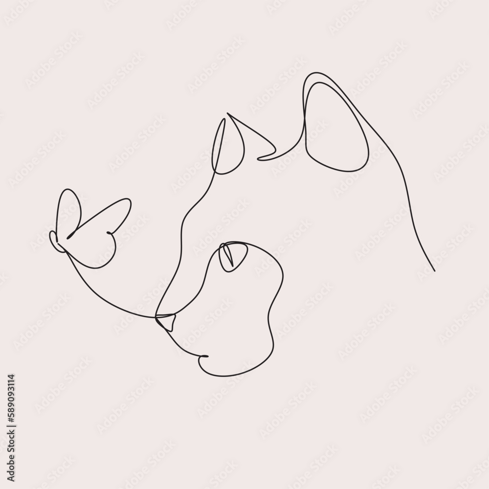 Continuous one-line drawing. Cat reaching up to catch a butterfly ...