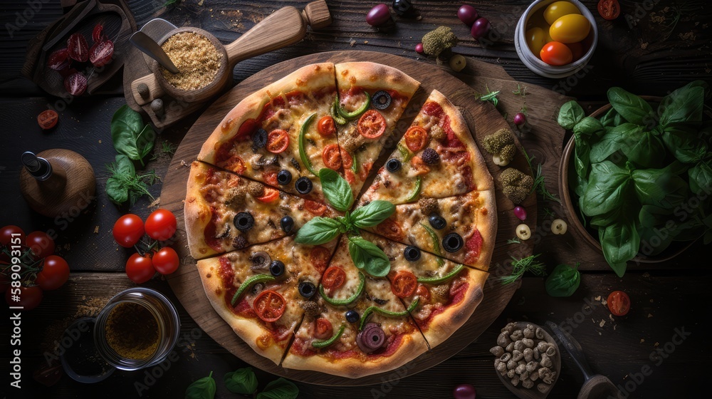 Freshly baked pizza with assorted toppings on rustic wooden table, top ...