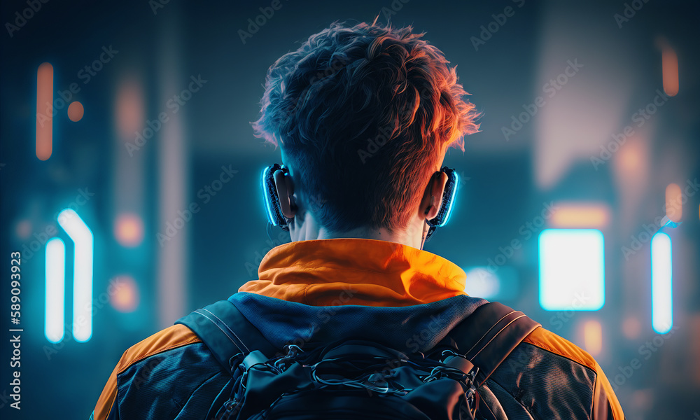 Man playing video games in a futuristic interior. Back view of a gamer ...