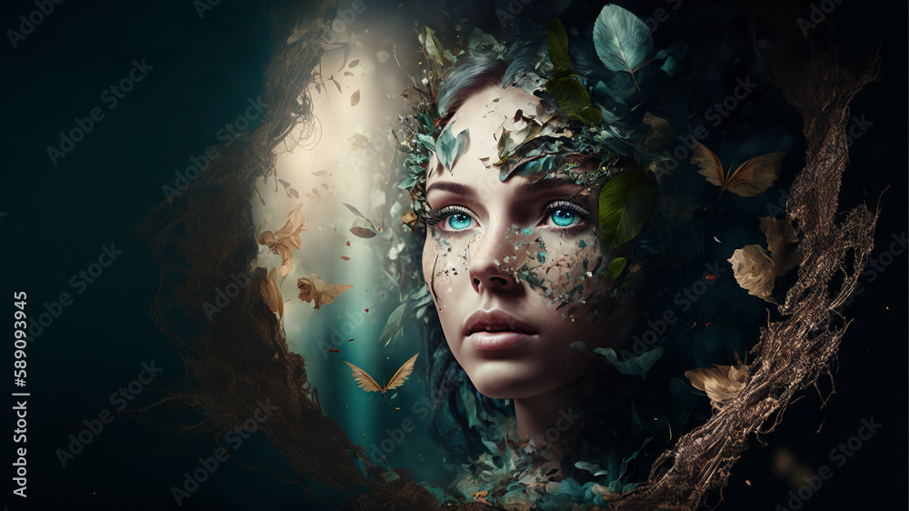 Surreal woman with natural elements over her face. Conceptual ...