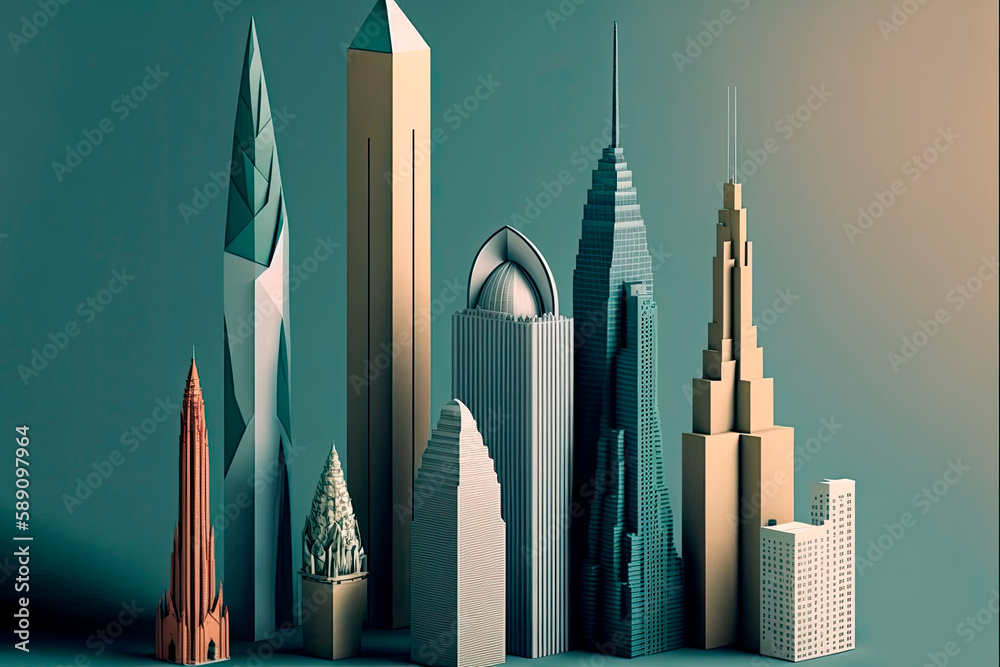 Generative AI illustration of different modern tall skyscrapers placed ...