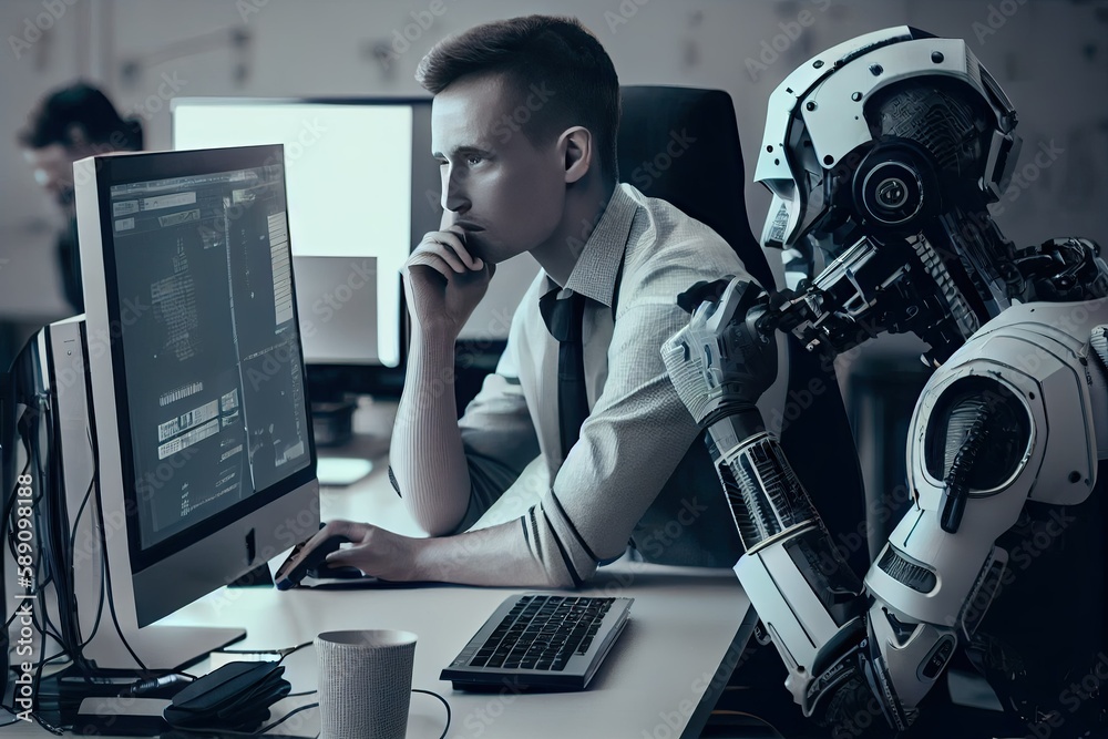 man an ai robot compete for work, AI based Stock Illustration | Adobe Stock