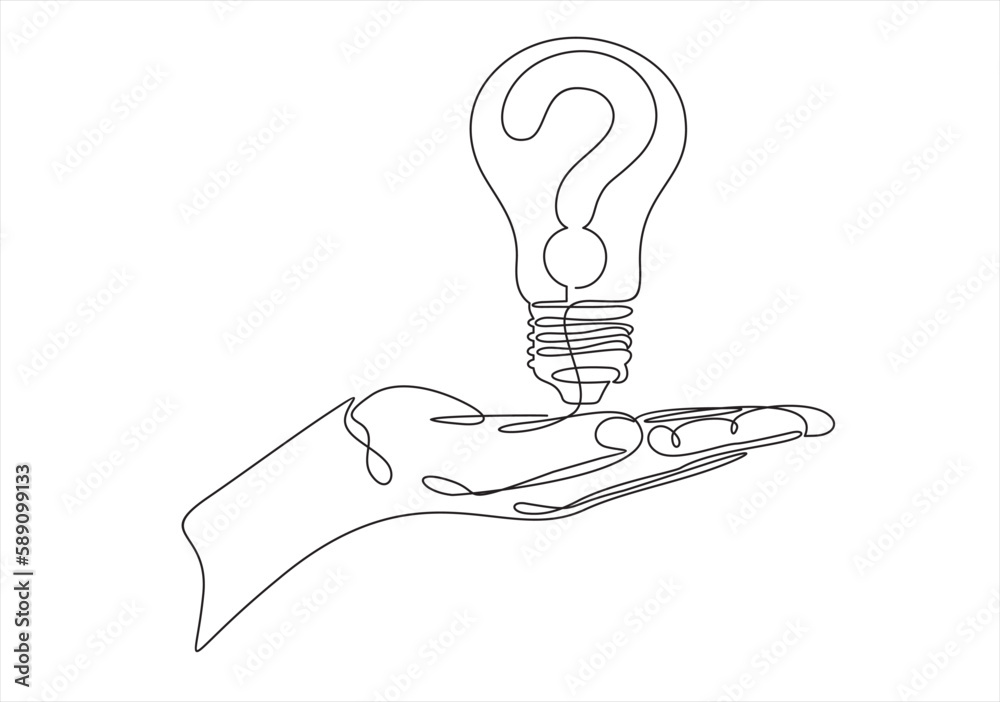 Hand holds Electric light bulb with question mark one line art, hand ...