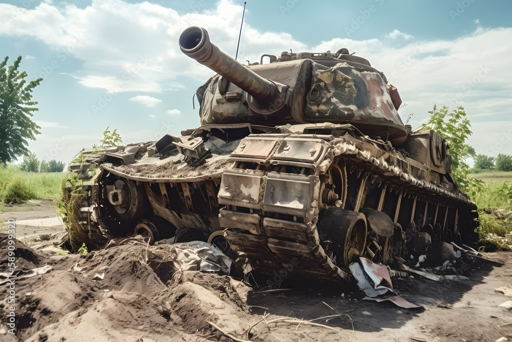 A destroyed Tank, made with generative AI and post-processed Stock ...