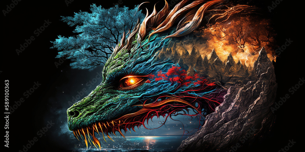 surreal fantasy dragon of the elements, fire, water, earth, air ...