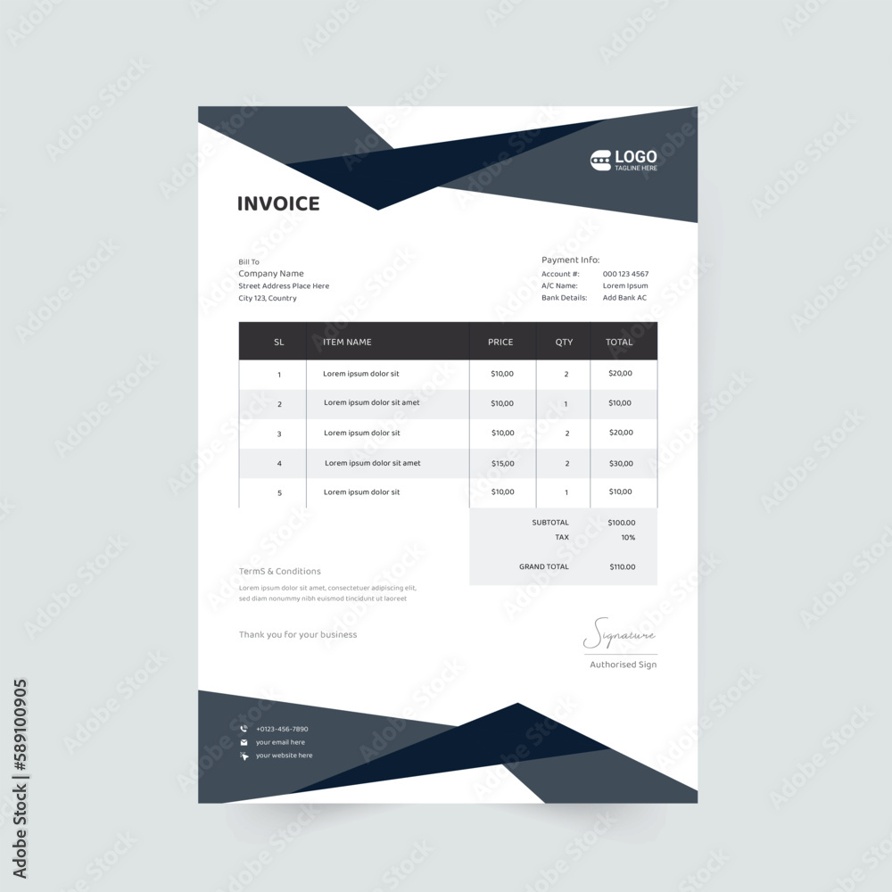 Business invoice form template. Invoicing quotes, money bills or price ...