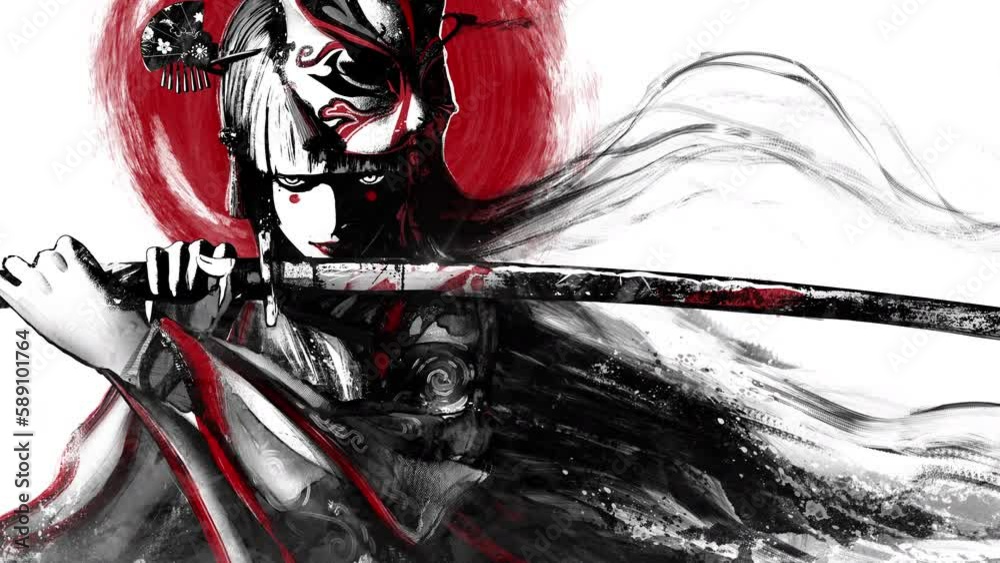 A charming young samurai girl with a fox mask on head and a sharp ...