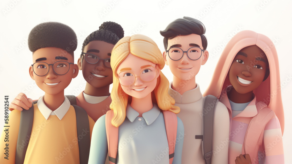 Multicultural students smile and pose together in front of a light ...