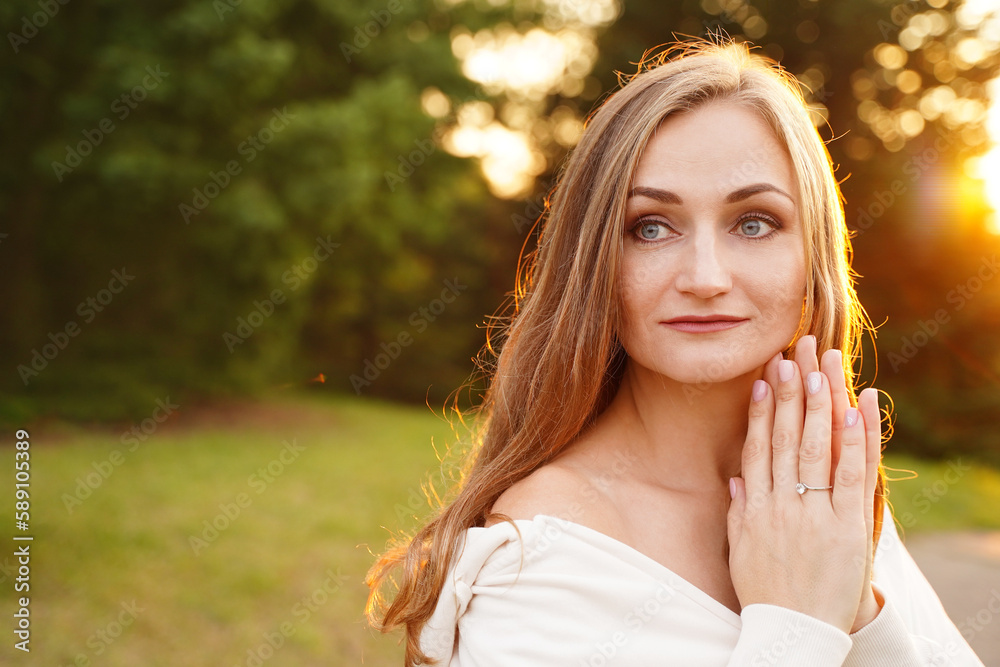 Beautiful calm girl outdoors. Summer woman portrait in nature. Concept ...